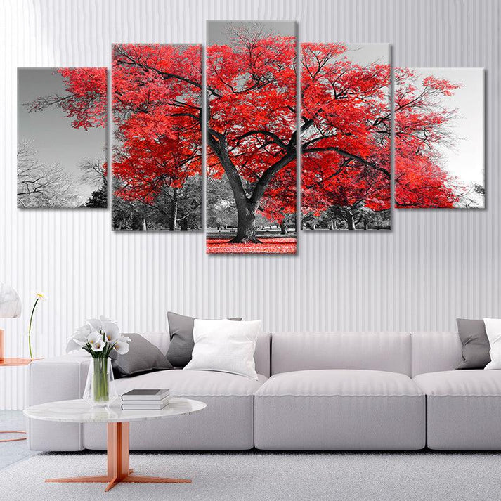 Large Red Maple Tree Artwork | Black and White Forest Wall Art | Modern ...