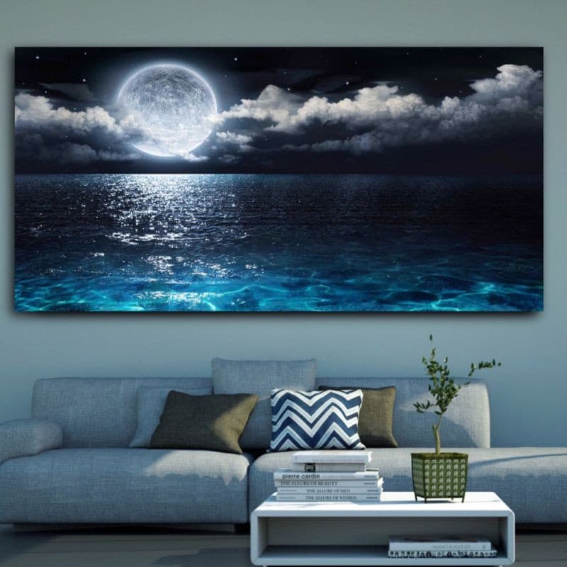 Moonlight Canvas Painting, Romantic Couple Wall Art, Night Sky Canvas